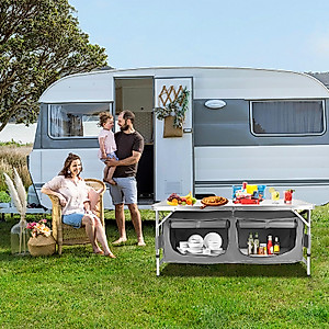 Moosinily Folding Camping Table 4 Ft Foldable Picnic Table 3 Height Adjustable Portable Camp Kitchen with Oxford Storage Outdoor White 47.2×18.5 inch