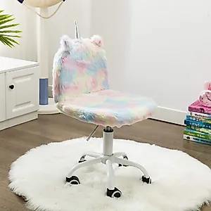 ZHENGHAO Cute Kids Desk Chair, Faux Fur Fuzzy Adjustable Children Swivel Chair Colorful Fluffy Furry Rolling Study Side Chair with White Foot