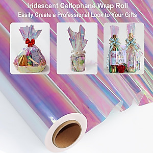 66 ft x 34 in Extra Wide Iridescent Cellophane Wrap Roll, Iridescent Film Cellophane Wrapping Paper Rainbow Colored Cellophane Wrap for Gift Baskets, Treats, Gifts, Flower, Crafts, Holiday, Christmas Decoration