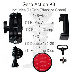 GERP Gear Action Kit - All-in-One Stand, Grip, and Mount Plus Accessories for Tablets, Phones, and Action Cameras - Black - Suction Mount, Swivel Mount, and Dual Tripod Mounts