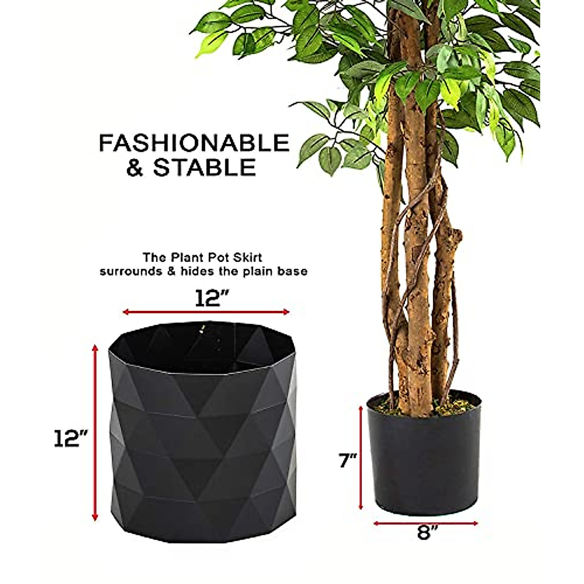 Deluxe 6 Feet Tall FICUS Silk Leaf Artificial Tree + 8" Base + 12" Plant Pot Skirt. 18 Feet of Vine Adorn Wide Real Trunks with Green Leaves Allowing Maintenance Free in-Door and Outdoor Use