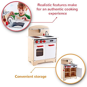 Hape Gourmet Kitchen Toy Fully Equipped Wooden Pretend Play Kitchen Set with Sink, Stove, Baking Oven, Cabinet, Turnable Knobs & Spice Shelf, White