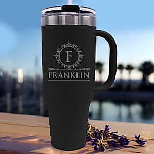 The Wedding Party Store Custom Monogrammed 40 oz Tumbler with Handle, Lid and Straw - Personalized Insulated Stainless Steel Large Cup (Black)