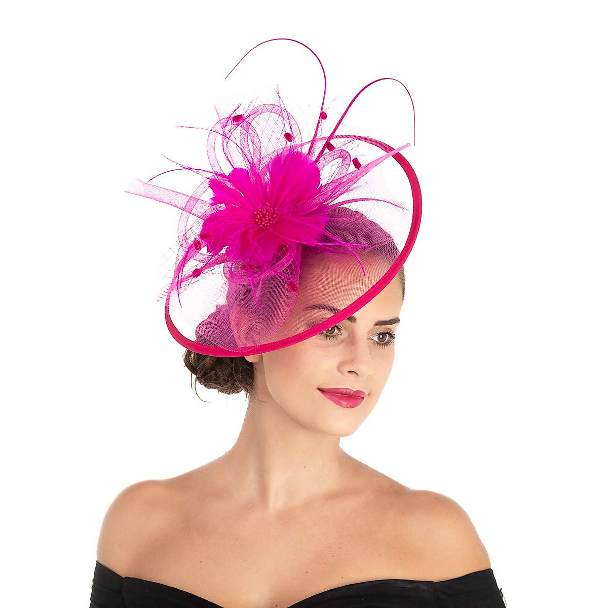 Lucky Leaf Women Girl Fascinators with Hair Clip Hairpin Hat Bowknot Feather Flower Veil Cocktail Wedding Tea Party Hat (8-Fuschia)