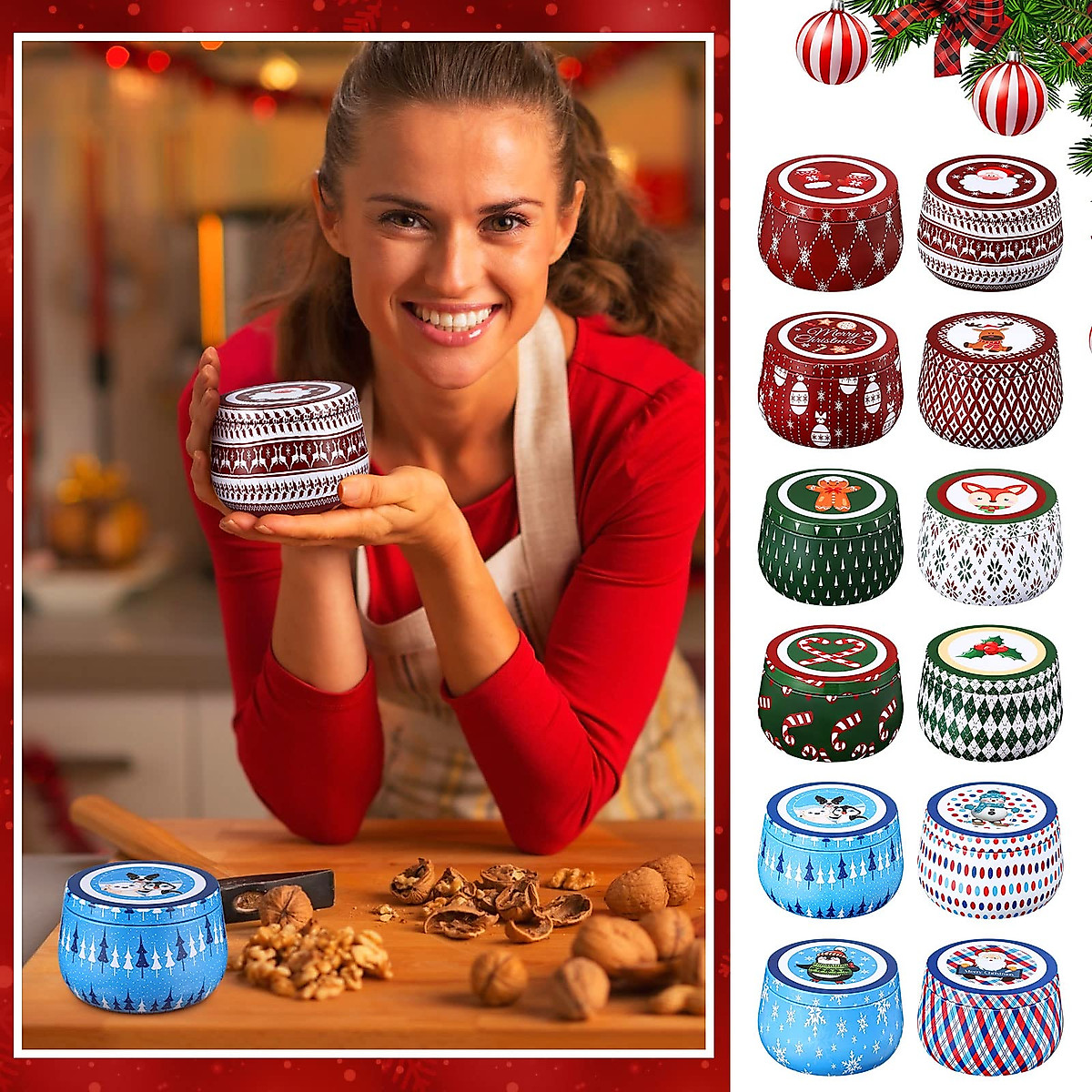 Yungyan Christmas Candle Tin Cans Set Metal Candles Tin Gifts Jars with Lids 8 oz Christmas Cookie Tins Candle Containers for Candle Making Storing Biscuits Tea Party Favors (12 Pcs)