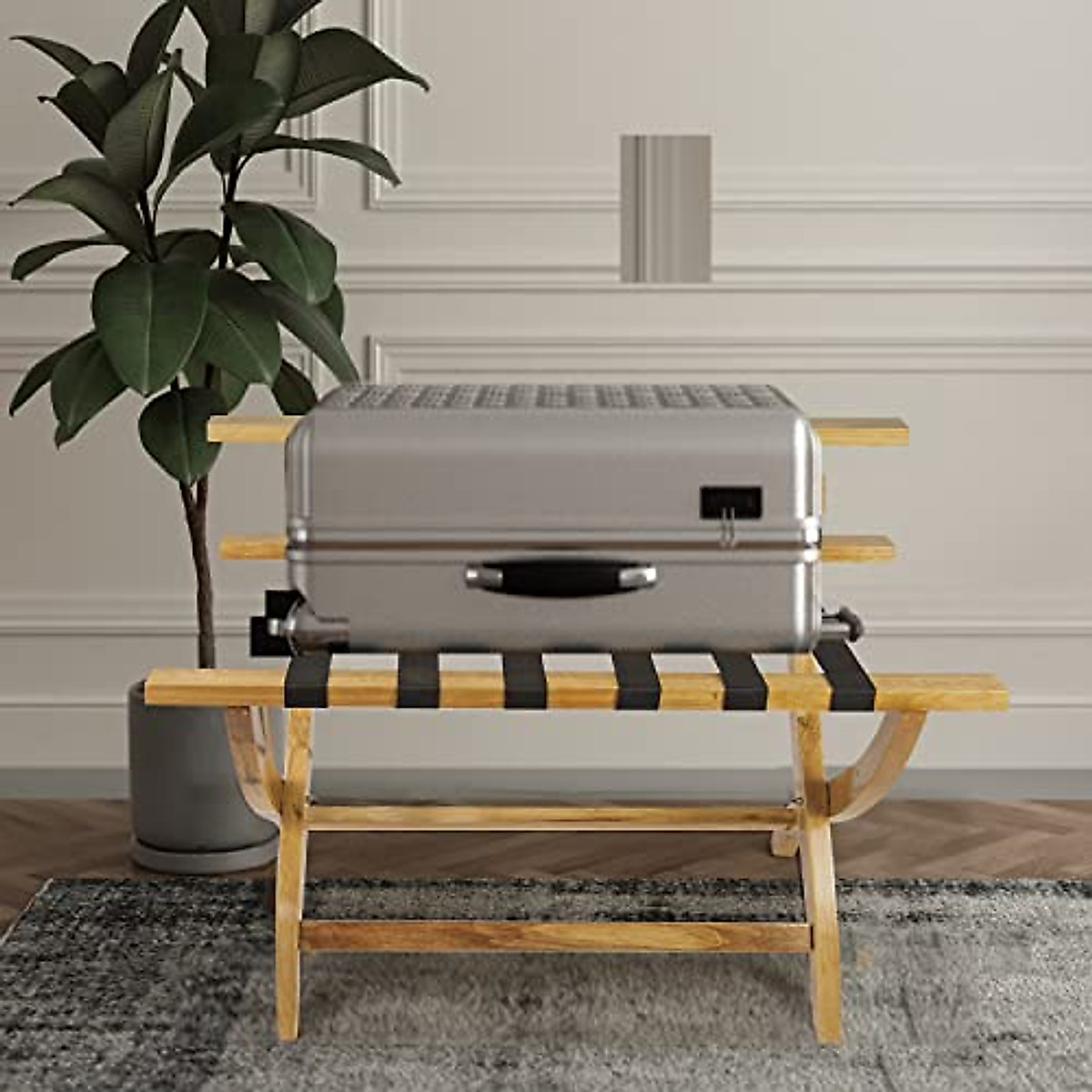 MYOYAY Luggage Rack Wooden, Folding Suitcase Luggage Stand Curvy Legs with Nylon Straps Luggage Stand for Bedroom Hotel Guest Room 29.92" x 20.87" x 26.38"