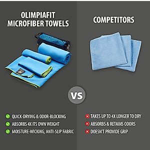 OlimpiaFit Quick Dry Towel - 3 Size Pack of Lightweight Microfiber Travel Towels w/Bag - Fast Drying Towel Set for Camping, Beach, Gym, Backpacking, Sports, Yoga & Swim Use﻿