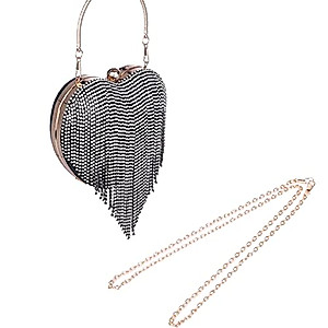 Sither Rhinestone Tassel Handbag Purses for Women Evening Handbag Purses Heart Shape Tassel Clutch Purses Sparkly Clutches Shoulder Chain Bags for Party Prom Christmas Gift (black)