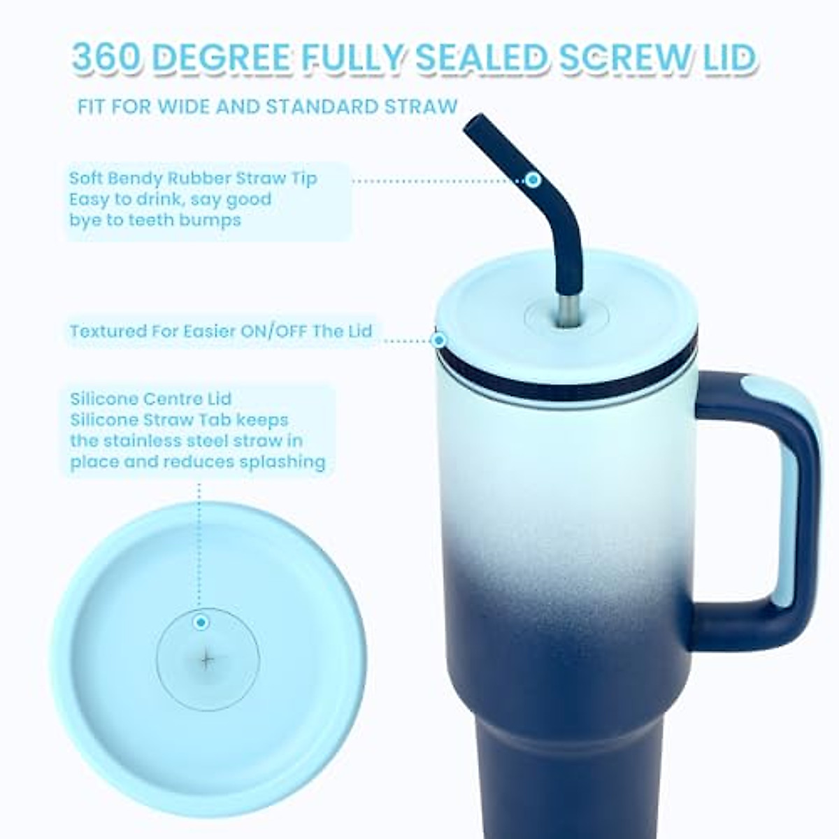 Zukro 40 oz Tumbler with Handle and Straw, Insulated Double-wall Stainless Steel Cup with Straw Lid, Large No Sweat Travel Mug Fits in Cup Holder, Keeps Cold 34 Hours, Flower