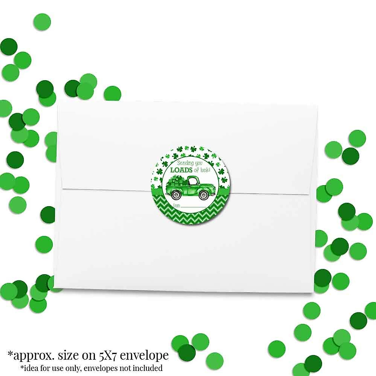 Loads of Luck Green Pickup Truck with Clover St. Patrick’s Day Gift Tag Sticker Labels for Kids, 40 2" Party Circle Stickers by AmandaCreation, Great for Party Favors, Envelope Seals & Goodie Bags