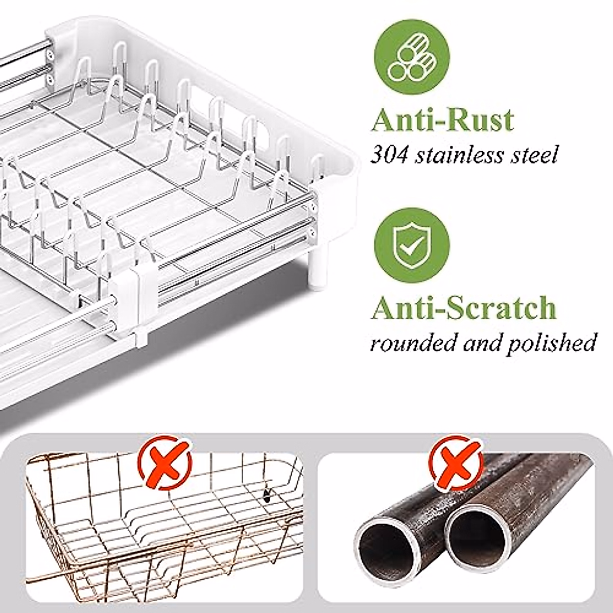 Kitchen Counter Dish Drainers Rack, Auto-Drain Expandable(13.2"-19.7") Stainless Steel Large Strainers Over Sink Drying Rack Drainboard with Utensil Holder Caddy Organizer, White