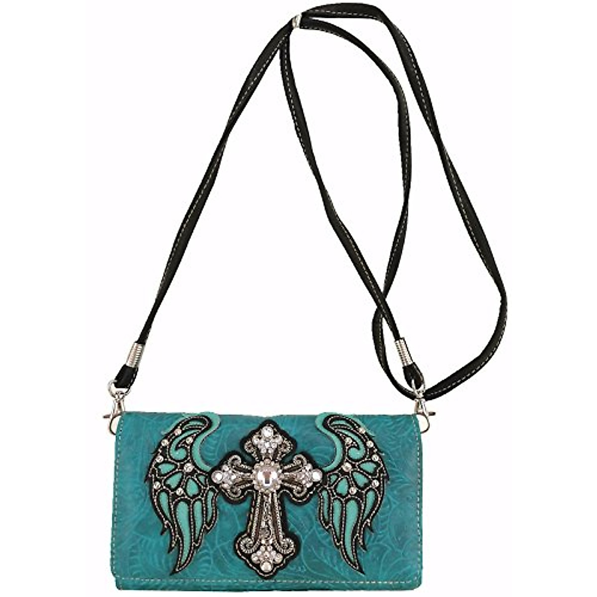 Western Rhinestone Cross Laser Cut Wings Tote Concealed Carry Purse Handbag Women Shoulder Bag Wallet Set (Turquoise Set)