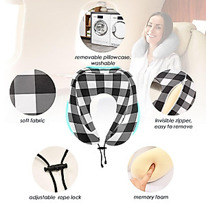 Vnurnrn Black White Buffalo Plaid Travel Neck Pillow Memory Foam Airplane Pillow with Storage Bag Head Support Soft Pillows Neck Support Pillow for Gifts Camp Study Work
