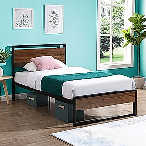 FTOPBTB Twin Size Metal Bed Frame with Vintage Wood Headboard, Premium Steel Slat Support, Under Bed Storage, Sturdy Non-Slip Without Noise, No Box Spring Needed, Black & Brown (Twin)