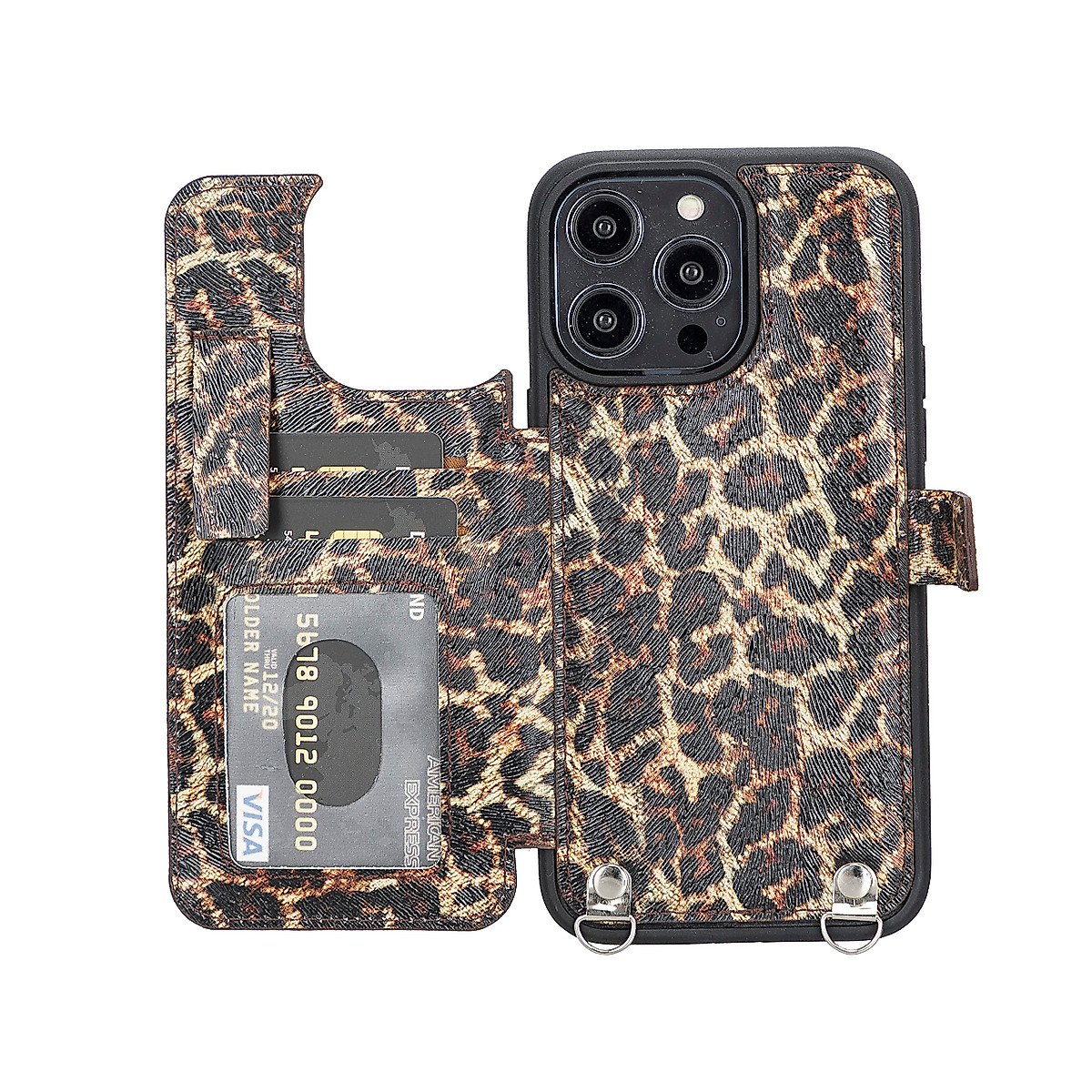 Venito Fermo Leather Wallet Case Compatible with iPhone 14 Pro Max Crossbody Case - Extra Secure with RFID Blocking (Leopard Pattern)