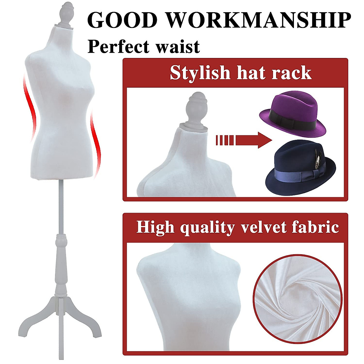 Mannequin Female Mannequin Torso Dress Form 50"-63" for Display Women Mannequin Body Height Adjustable for Sewing Wooden Tripod Base,Foam Body(White)