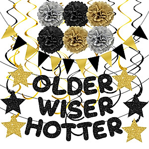 Turypaty Older Wiser Hotter Triangle Flag Birthday Banner Decorations Kit- Black Gold Glitter Birthday Decors for Men Women 30th 40th 50th 60th 70th 80th Paper Pompoms, Hanging Swirls Party Supplies