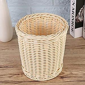 Zerodeko Woven Storage Baskets Round Rattan Waste Basket Woven Trash Can Paper Waste Basket Straw Wicker Sundries Storage Basket Garbage Container Bin for Bathroom Kitchen Beige Woven Baskets