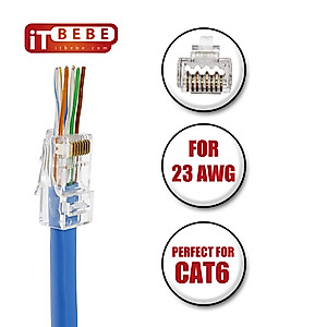 ITBEBE 100 Pieces - Gold Plated RJ45 Cat6 Cat6a Pass Through Connector for 23 AWG Cables
