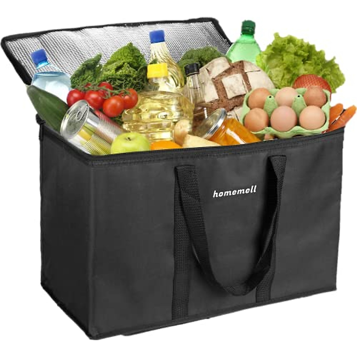 Homemell Insulated Reusable Grocery Shopping Bag with Zippered Top - Hot Delivery Bags Carrier - Keep Frozen Food Cold and Hot Food Warm - Hot Pizza Carrier- Collapsible and Foldable Large Travel Bag - Black Thermal Insulated Cooler Tote Bags