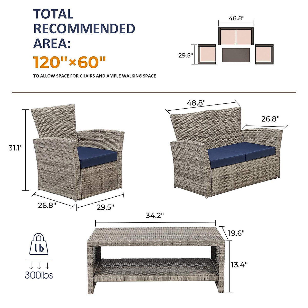 Laurel Canyon Outdoor Patio Furniture 4 Piece Wicker Conversation Sets, Rattan Loveseat and 2 Chairs with Cushions Coffee Table for Porch Deck, Grey