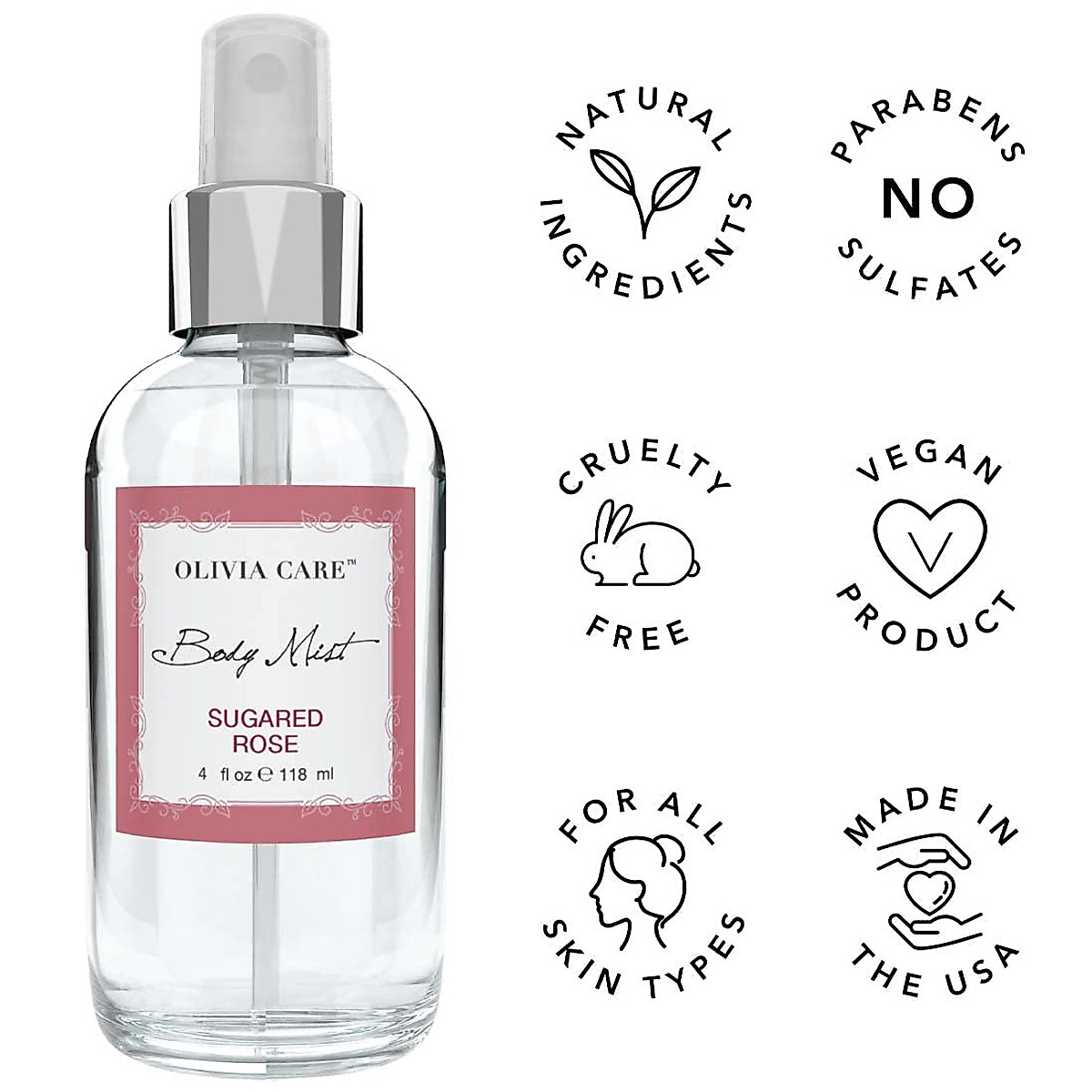 Olivia Care Body Mist Spray Made with Natural Sugared Rose Fragrance Scent - Refreshing, Soothing & Moisturizing - Eliminate Odor with Fresh Floral Aroma