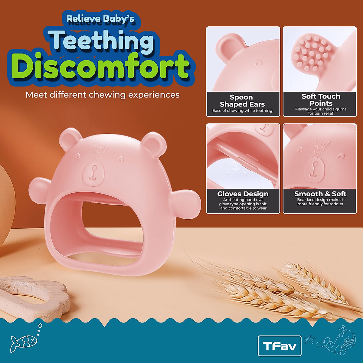 TFav Baby Bear hand Teether -1 pc Pink -Silicone Teething mitt for 0-6 Months Boys & Girls -Hand Pacifier That Fits on Fist -Wearable Gloves Chew Toy -Calm Down The Fussy Baby calm down fussy baby