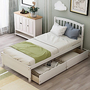 Harper & Bright Designs Twin Storage Bed, Twin Size Platform Bed with 2 Drawers, Wooden Twin Bed with Headboard & Slat Support, No Spring Needed, Twin Bed for Boys, Girls, Teens, Adults(White)