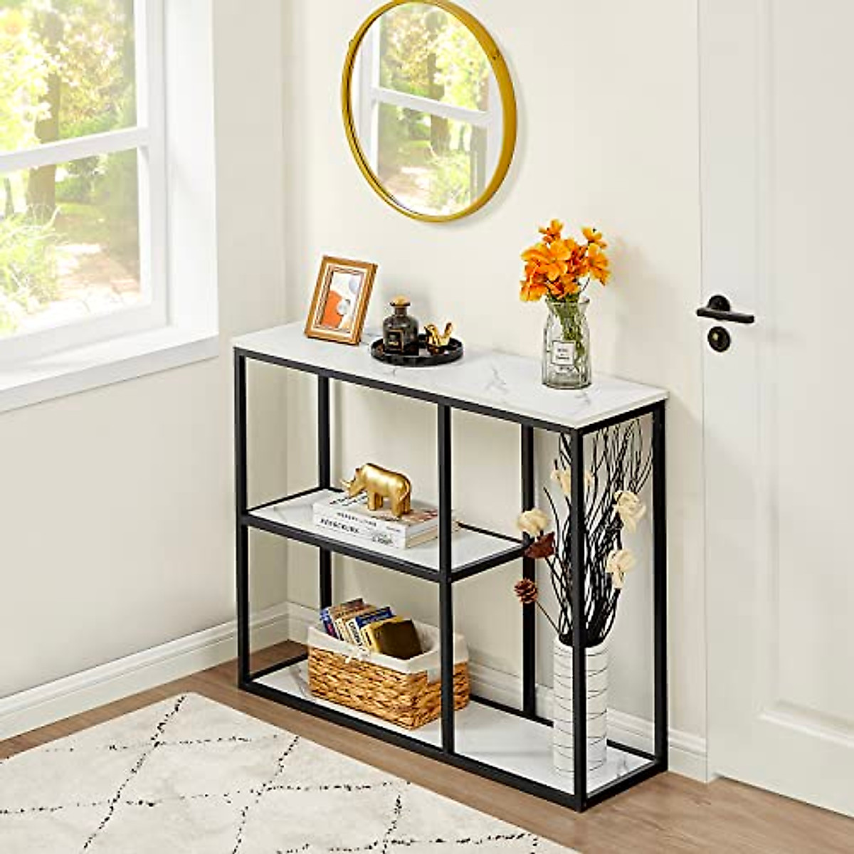 WOHOMO Console Table, 12 Inch Narrow Entryway Table for Living Room, 40 Inch Modern Industrial Sofa Table with 3-Tier Storage Shelves for Corridor, Hallway, White Marble