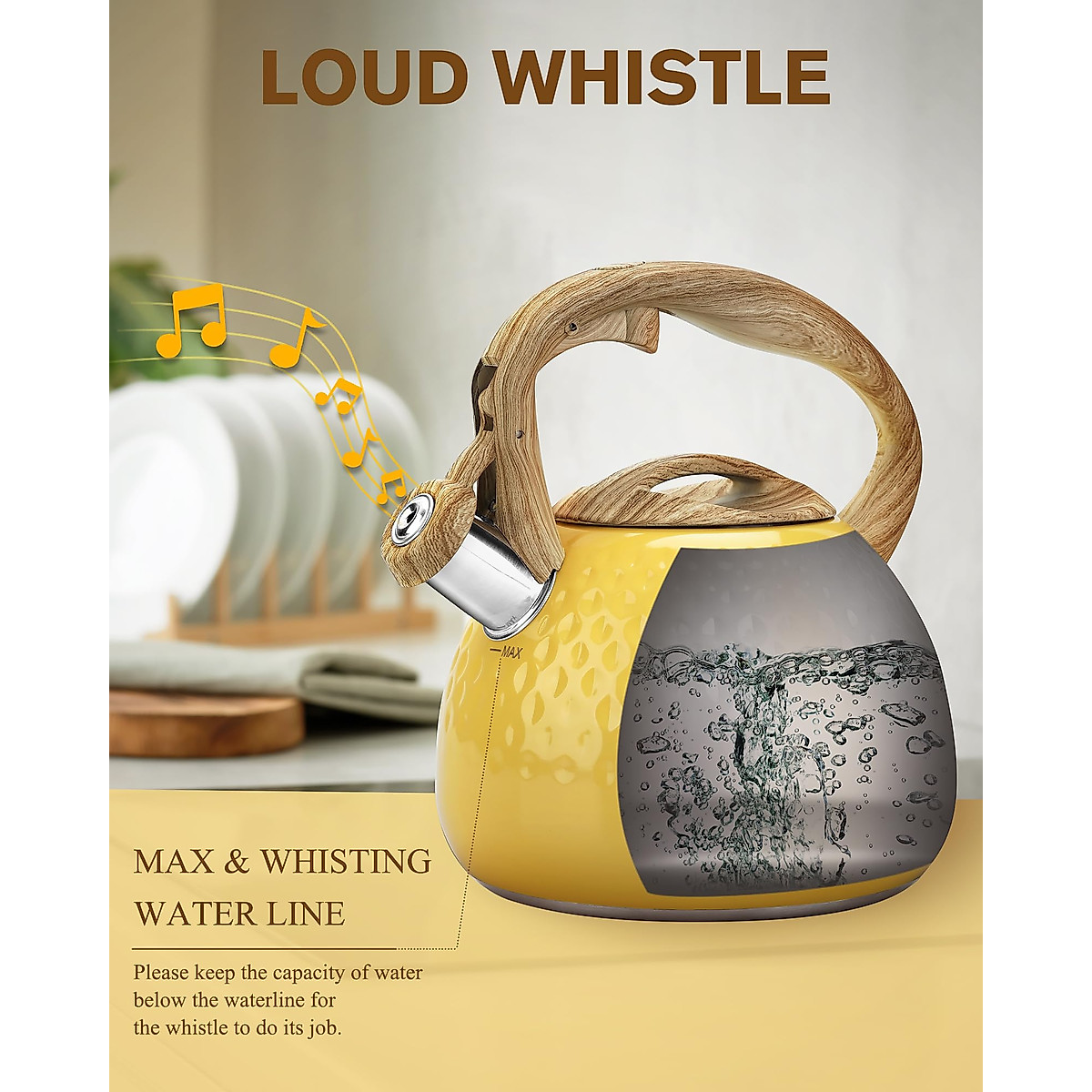 Tea Kettle, Stovetop Teapot, 2.5 Quart, Loud Whistle, Food Grade Stainless Steel and Smooth Wood Pattern Handle, Sophisticated Look for Hiking, Picnic, for Tea, Coffee, (Yellow)