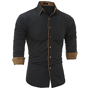 Men Roll Up Sleeve Stylish Shirts Casual Solid Color Lightweight Slim Shirt Classic Hiking Button Down Dress Shirt (Black,Large)