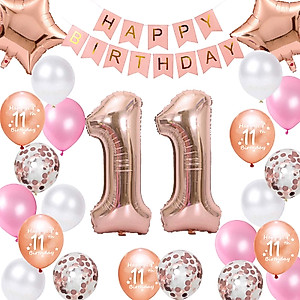 11th Birthday Party Balloons Decorations for Girls, 11th Birthday Banner Rose Gold Number 11 Birthday Foil Balloons Confetti Balloons for Girls Her Daughter 11 Year Old Birthday Supplies (11th)