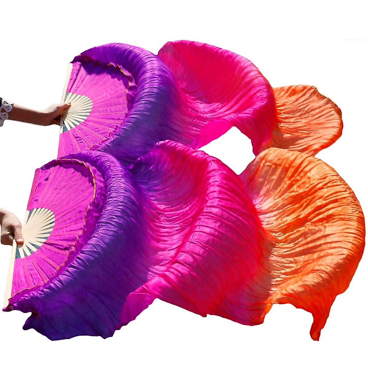Nimiman Women 1 Pair (Left+Right) Silk Belly Dance Fan Veil Belly Dancing Long Folding Fans Length 150 cm Width 90 cm (Purple rose orange)
