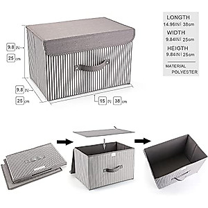 mee'life Foldable Storage Boxes with Lids 2 Pack Linen Fabric Storage Bins with Lids, Closet Organizers and Storage Baskets Cubes for Home Bedroom Closet Office (Grey Stripes, 14.9x9.8x9.8in)