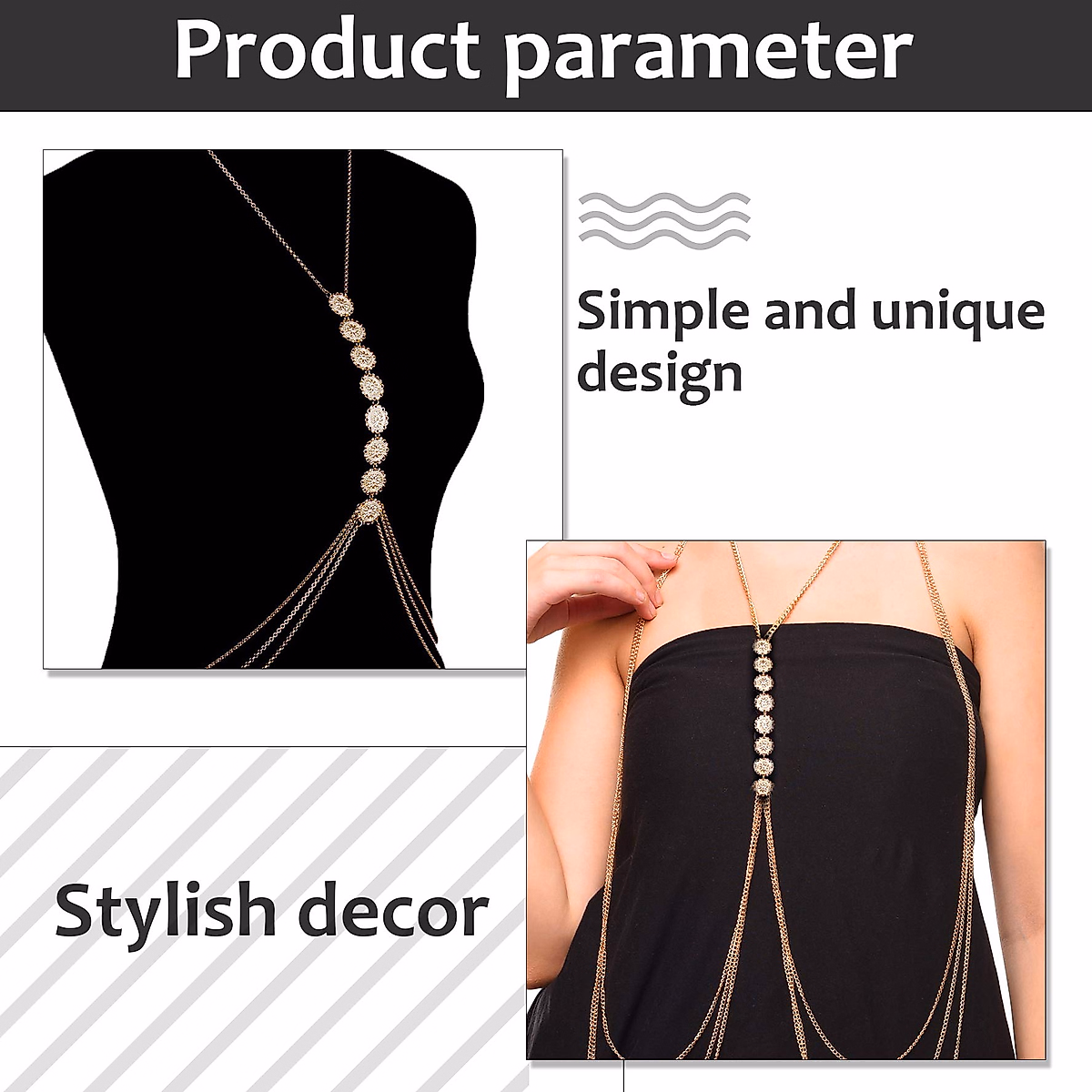 Bimkole 8-Ring Golden Body Chain Layered Sexy Gold Tassels, Fashion Bra Chains Summer Bikini Beach Body Jewelry Waist Belly Chain Harness Birthday Anniversary Festival Gift for Women and Girls