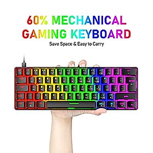 60% Wired Mechanical Gaming Keyboard and Mouse Combo,Ultra-Compact Mini 62 Keys,Type C Chroma 20 Rainbow Backlit Effects,RGB Backlit 6400 DPI Lightweight Gaming Mouse with Honeycomb Shell for PC/Mac