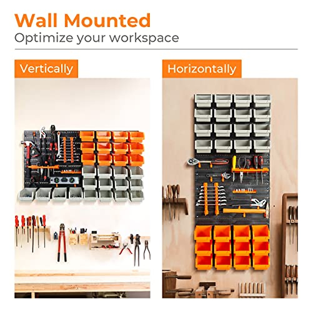 Todeco 46 Pcs Wall Mounted Storage Bins Set, Tool Organizer Bins Parts Rack with 28 Storage Bins, 14 Accessories & 4 Peg Board, Garage Storage Rack for Tool, Parts, Craft