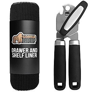 Gorilla Grip Drawer and Shelf Liner and Manual Hand Held Can Opener, Shelf Liner Size 17.5 In x 10 FT, Strong Grip, Large Lid Openers for Kitchen, Both in Black, 2 Item Bundle