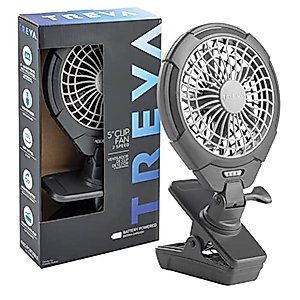 Treva 5 Inch Two Speed Battery & USB Powered Clip On Fan - Slim and Portable Cooling Travel Fan with USB - Gray