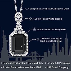 Gem Stone King 925 Sterling Silver Black Onyx Pendant Necklace For Women (7.20 Cttw, Gemstone Birthstone, Emerald Cut 14X10MM, with 18 Inch Silver Chain)
