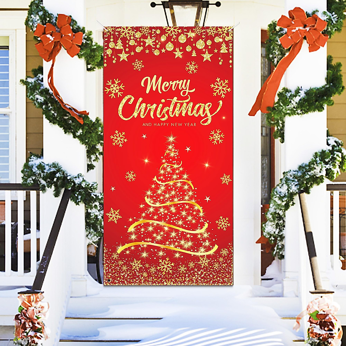 Christmas Door Cover Golden Christmas Tree Door Cover Banner Merry Christmas Glitter Snowflake Door Cover Photography Background for Winter Xmas New Year Holiday Party Decor