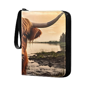 PYBUG Highland Cow Trading Card Binder with Nylon Strap 4-Pocket Waterproof PU Leather Card Collection Binder for 400 Cards Sturdy Card Holder Folders for Game Cards,Sports Cards