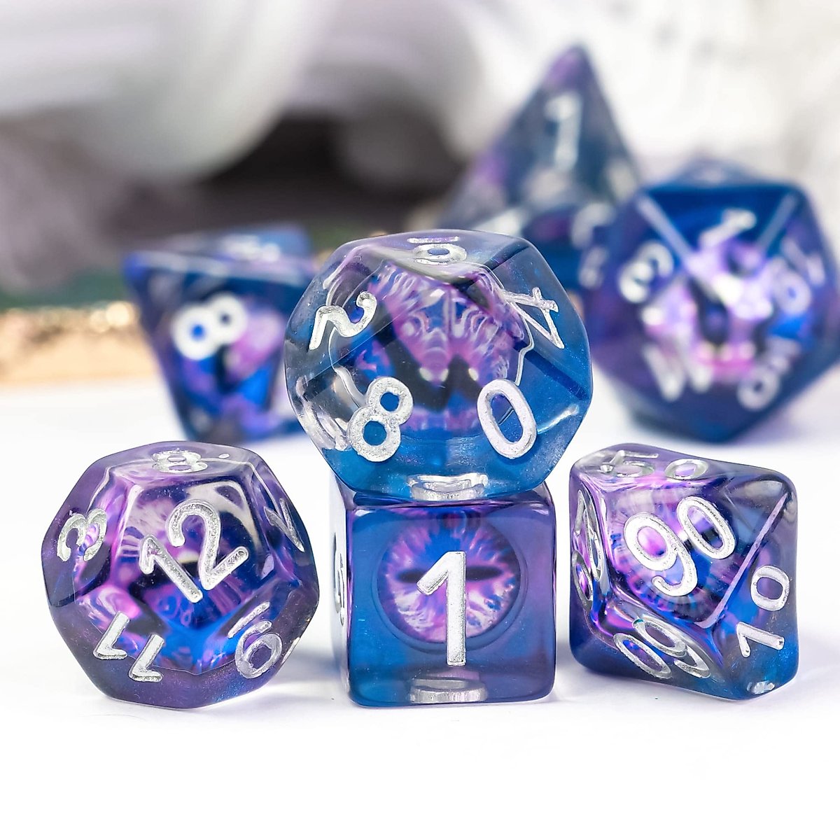 Cusdie 7-Die DND Dice, Polyhedral Dice Set Filled with Eyeball, for Role Playing Game Dungeons and Dragons D&D Dice MTG Pathfinder (Purple Eyeball)