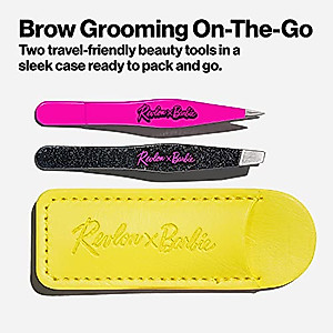 Revlon x Barbie Mini Tweezer Set, Stainless Steel Hair Removal Makeup Tool, includes Slant Tip & Pointed Tip Tweezers in Travel Case