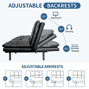 MUUEGM 71" Sofa Bed with Memory Foam,Futon Sofa Bed with Adjust Backrest and Armrest, Couches for Living Room,Studios, Apartments, Dormitories, Offices and Game Rooms. Matt Black Leather Sofa