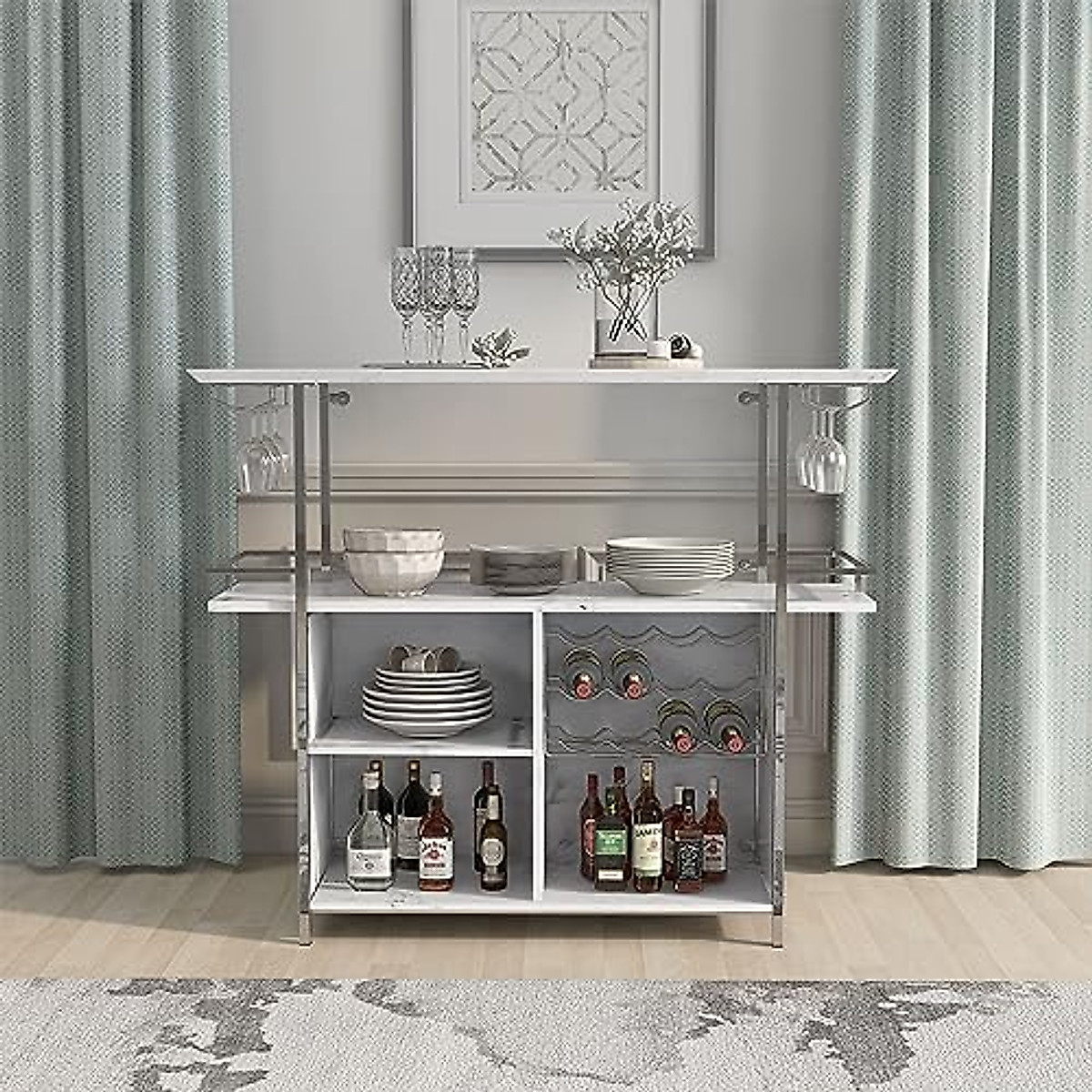 Furniture of America Linda Glam Faux Marble Multi-Storage Bar Table with Comfortable Footrest for Dining Room, Kitchen, White and Chrome
