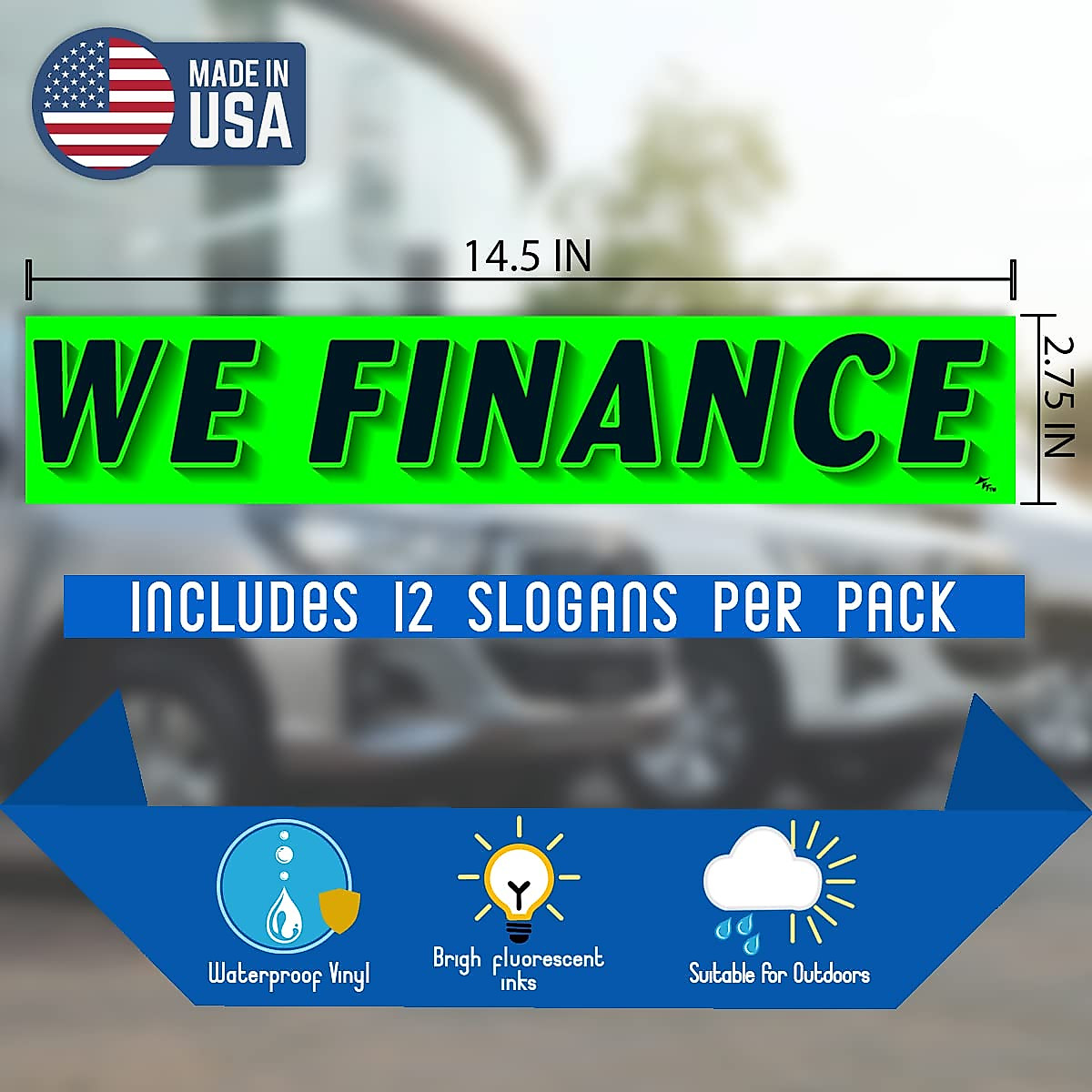 Versa Tags Windshield Slogan Stickers 12 Pack Each of Save, 4X4, 3RD Row Seating, WE Finance, FINANCING Available (60) Window Stickers Total Dealership Stickers Black On Green