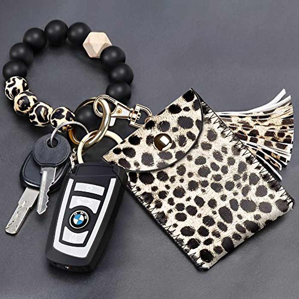 UpUDo Keychain Bracelet Wristlet, Silicone Beaded Key Ring Bracelet with Card Wallet, Elastic Keyring Bangle for Womens