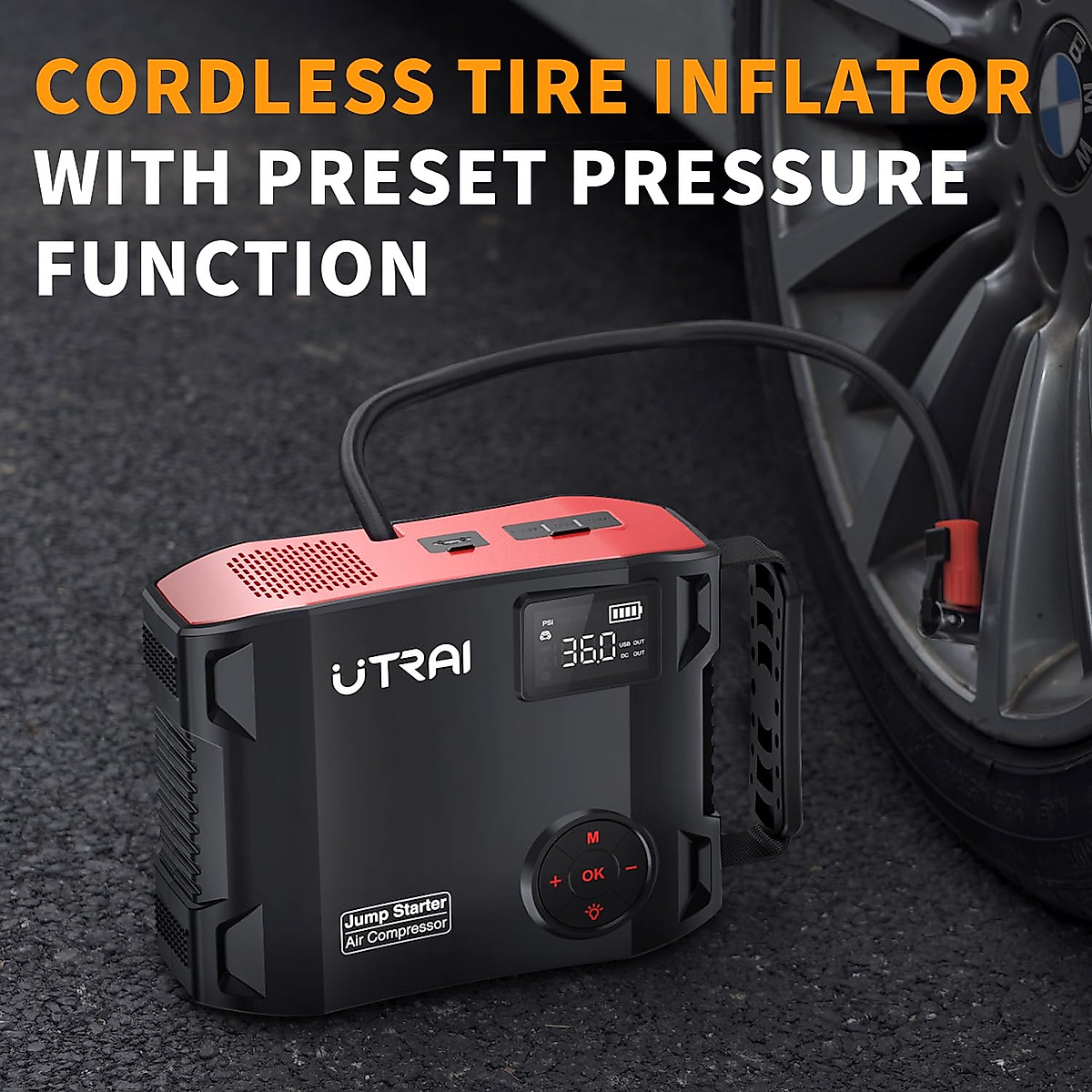 Car Jump Starter with Air Compressor, UTRAI Portable Car Battery Jump Starter 5000A Peak 12V Car Battery up to Jump Box All Gas/ 8.0L Diesel with Tire Inflator, DC 160W Jump Start Battery Pack