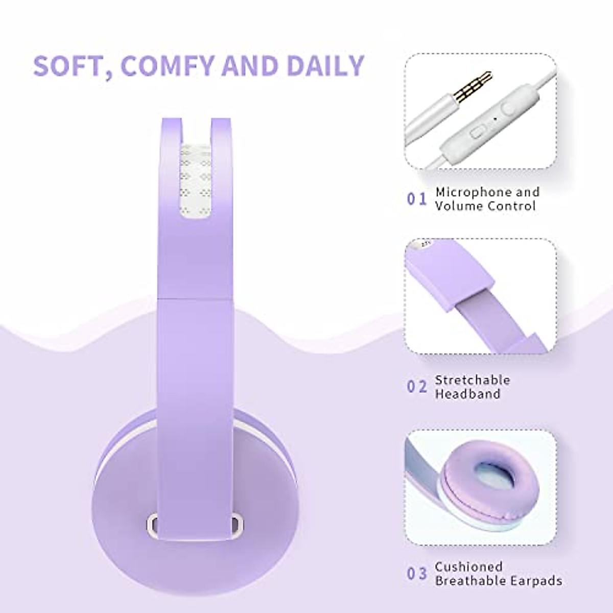 Unipows Kids Headphones for School - Girls Boys Teens Lightweight Foldable Wired Headset with Microphone, Volume Control, Stereo Bass for Cell Phone, Tablet, PC, Laptop (Purple and White)